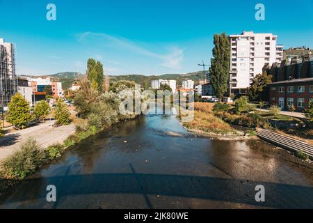 Looking over the Ibar river from the New Bridge in Mitrovica, Kosovo ...