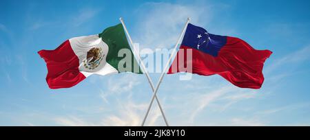 Samoa and Mexico flag waving together in the wind on blue sky, two ...