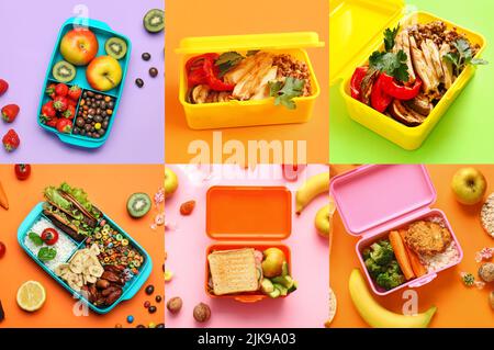 Collage with many different lunch boxes full of tasty food Stock Photo ...