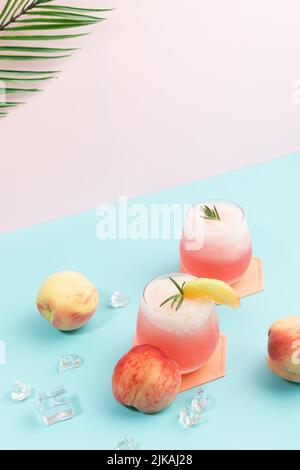 summer background with peach ade drink with peaches fruit Stock Photo ...