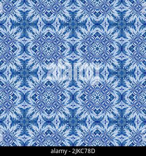 Indigo blue snow flake damask pattern background. Frosty painterly ...