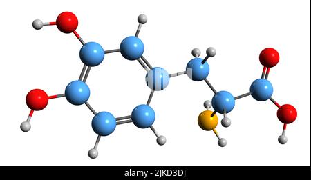 L-DOPA (levodopa) Parkinson's disease drug molecule. White skeletal ...