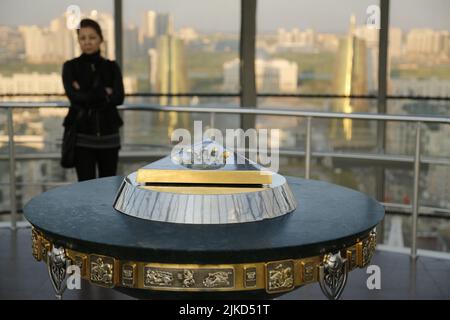 Handprint of President Nazarbayev in a golden triangle inside Bayterek ...