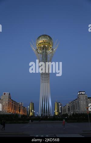 Nightly view on Baiterek, Бәйтерек, "Tree of Life" tower in Nur-Sultan ...