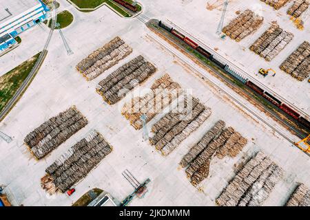 Aerial view of modern paper mill in summer sunny day. Bird's-eye view ...