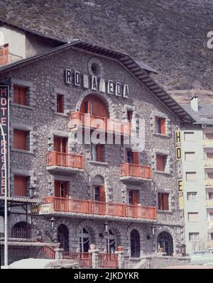 Andorra la Vella, Andorra Hotel and houses on Gran Valira river. Local ...