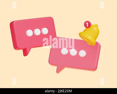 Notification bell with speech bubble with text and heart shapes 3d ...