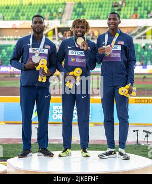 Kenneth Bednarek Silver, Noah Lyles Gold and Erriyon Knighton Bronze (USA) medal presentation ...