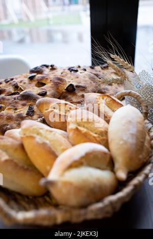 Ready-made La Ciriola romana bread on the counter at the artisan bakery ...