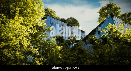 Post-apocalyptic office building overgrown with trees and vegetation ...