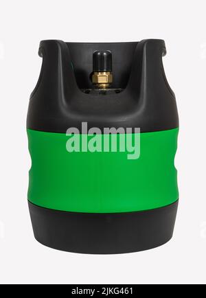 Black and green LPG gas cylinder or propane tank, isolated on white ...