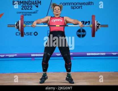 Wales' Amy Salt reacts to her lift during the Women's 76kg ...