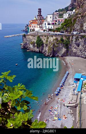 The village Atrani, beach and Church of Saint Mary Magdalene, Amalfi ...