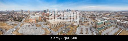 Drone panorama of Kansas City skyline in winter during sunrise Stock ...