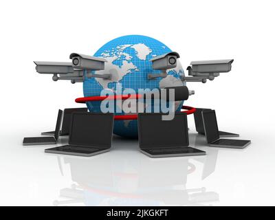 3d rendering aux cable with computer database under CCTV Camera around ...