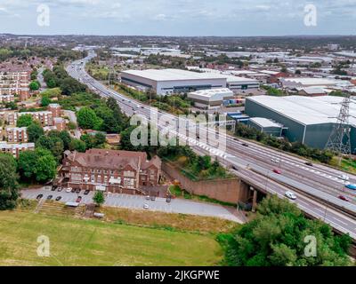 An aerial view of a complex motorway road junction with traffic Stock ...