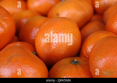 Pile of many ripe orange bright pumpkins on stone floor against straw ...