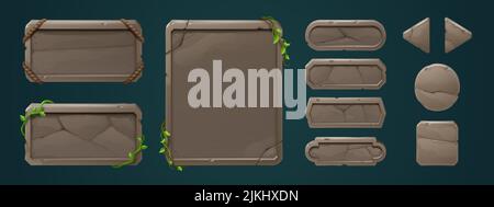 Stone game menu boards with vines, rope and leaves. Tablets, buttons ...