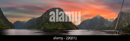 Tranquil sunset landscape at Doubtful Sound, South Island of New ...