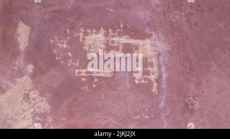 An aerial view of the area of lake Koyash in Native American ruins ...