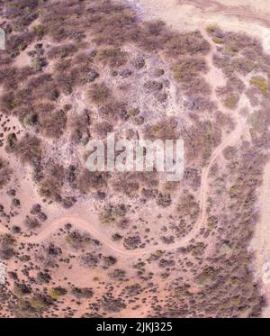 An aerial view of the area of lake Koyash in Native American ruins ...