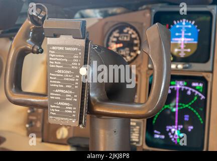 A closeup shot of Boeing 757 cockpit acceleration panels from inside ...