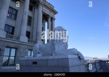 A closeup of the lion statue outside the Utah State Capitol building ...