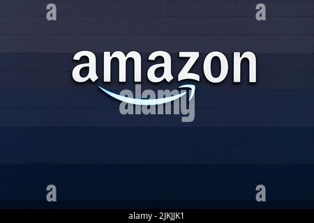 Amazon warehouse illuminated sign, Milton Keynes, STN8, England, UK ...