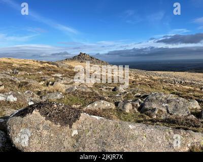 Scenic view of Belstone Tor with blue sky, Dartmoor National Park ...