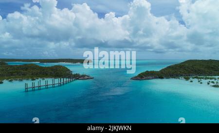 An aerial view of the shore at the Compass Cay island, Exumas, Bahamas ...