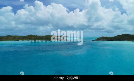An aerial view of the shore at the Compass Cay island, Exumas, Bahamas ...