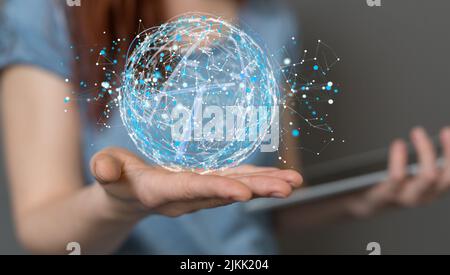 A person presenting a 3D render of internet net and data digital icons ...