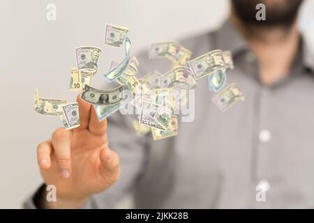 A person presenting 3D rendered falling banknotes Stock Photo - Alamy
