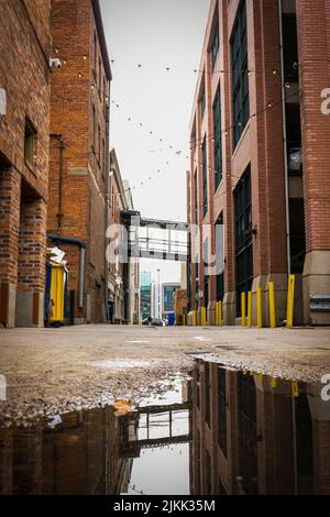 Closeup shot of city buildings reflected in the water at night Stock ...