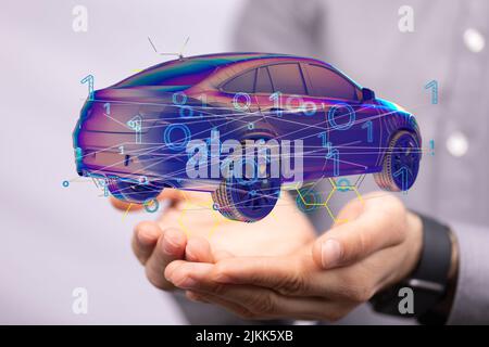 A 3D rendered hologram of a car and binary code hovering over a man's ...