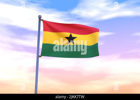 3D illustration of flag of Ghana with chrome flag pole with snap hooks ...