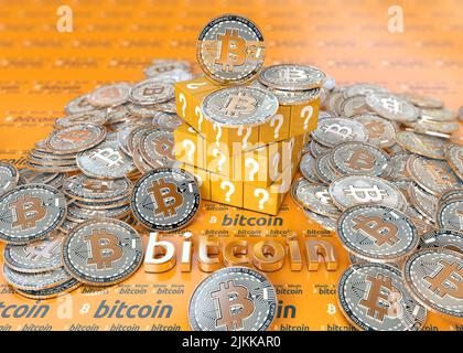 A 3D rendering of a pile of bitcoins and question mark on a keyboard of ...