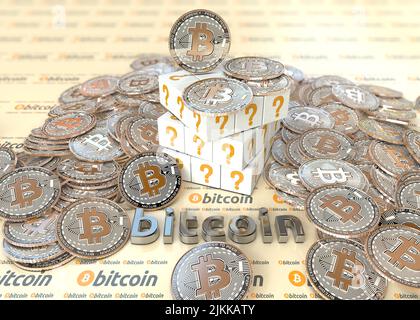 A 3D rendering of a pile of bitcoins and question mark on a keyboard of ...