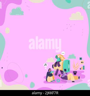 Illustration Group Relaxing Listening Music Fixing Megaphone. Three ...