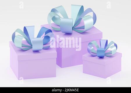 3d rendered illustration purple gift boxes closed with pastel ribbon ...