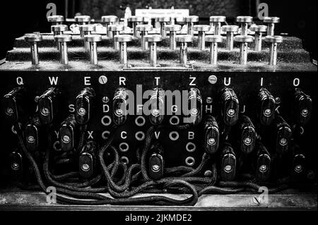 Black and white image of the plugboard, keyboard, indicator lights and ...