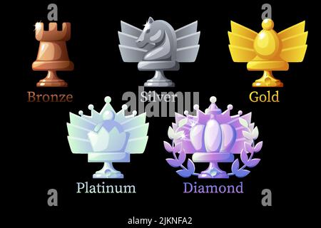 Game Rank chess awards, golden icons chess strategy board game. Vector ...