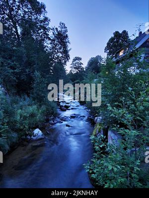 A vertical shot of a beautiful narrow river flow surrounded by lush ...