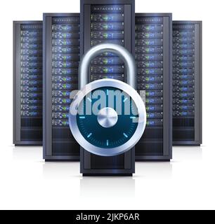 Computer server racks with security lock symbol black on white ...