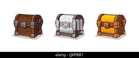 Treasure chests, game trunks, wooden boxes with iron, silver, gold and ...