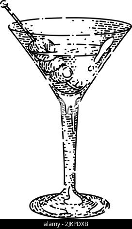 Hand-drawn illustration of a dirty martini with an olive garnish, set ...