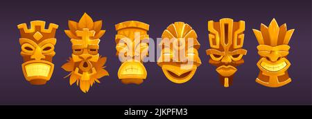 Gold tiki totem mask statue cartoon vector. Yellow hawaiian tribe ...