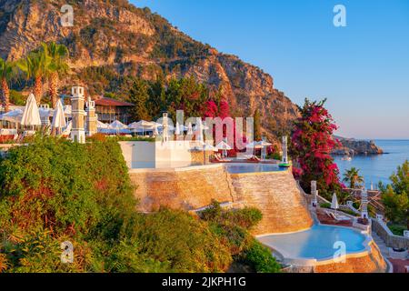 Cascade pools in Turkish resort hotel in Fethie Stock Photo - Alamy