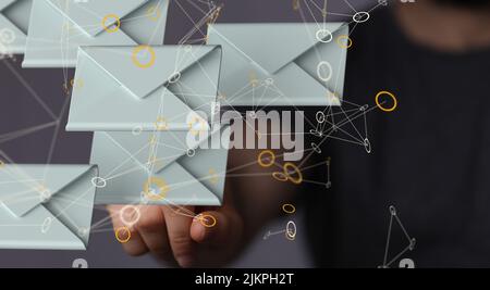 A 3d rendering of floating user icons over a hand holding a tablet ...