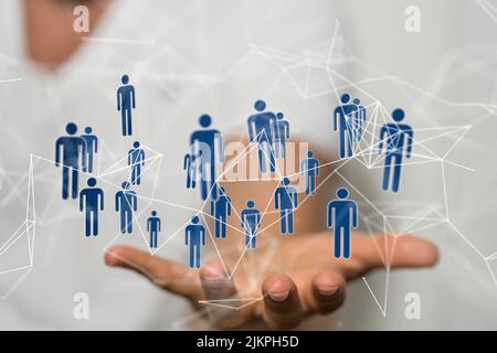 3D rendering of human icons floating on hand- digital work conference ...